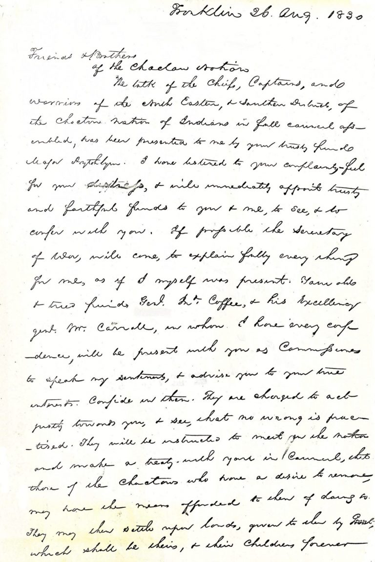 Andrew Jackson to the Choctaw Indians, August 26, 1830 (Sent) - The ...